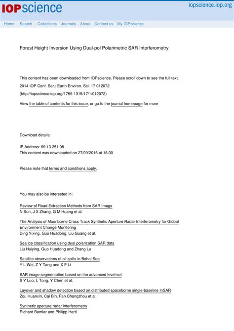 Pdf Forest Height Inversion Using Dual Pol Polarimetric Sar Interferometry