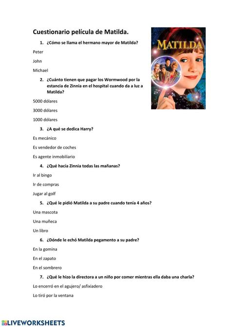 Matilda Free Interactive Worksheets 75006