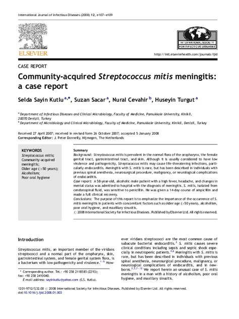 Pdf Community Acquired Streptococcus Mitis Meningitis A Case Report
