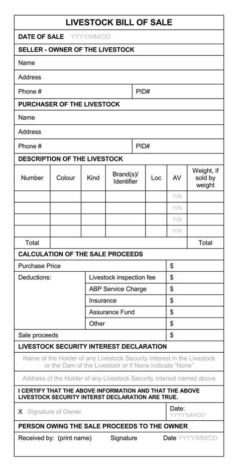 Livestock Bill Of Sale Form