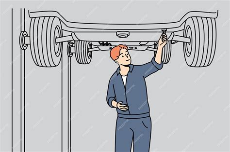 들린 차 밑에서 일하는 자동차 정비사 프리미엄 벡터