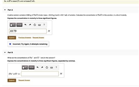 SOLVED So MM Mmol L And Not Mmol ML Part A A Saline Solution Contains G Of NaCl Molar