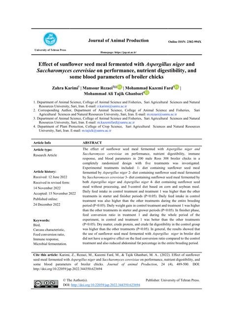 Pdf Effect Of Sunflower Seed Meal Fermented With Aspergillus Niger And Saccharomyces