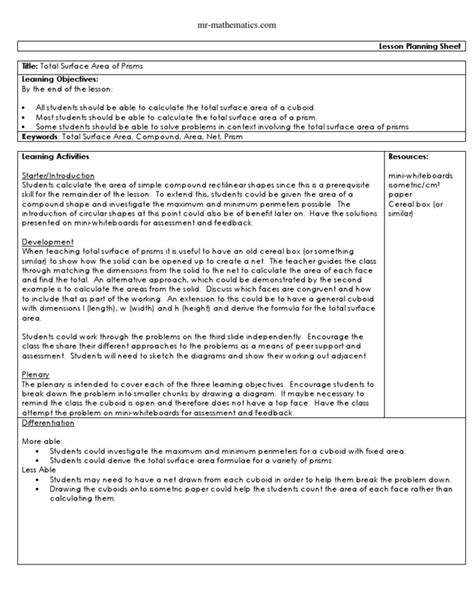 Total Surface Area Lesson Plan Pdf Surface Area Lesson Plan