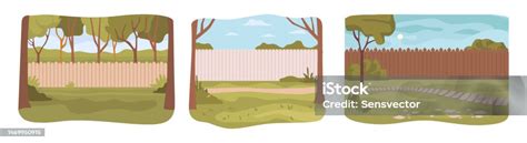 길과 잔디밭 푸른 잔디와 나무가 있는 정원이나 뒷마당 울타리 및 재산 보호 휴식을 위한 숙소 외부 공간 평면 만화 벡터 일러스트 레이 션 뒤뜰에 대한 스톡 벡터 아트 및