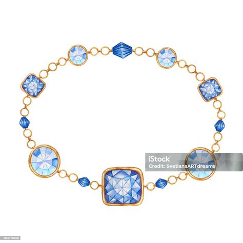 블루 스퀘어와 라운드 크리스탈 젬스톤 골드 원소 아름다운 보석 팔찌 흰색 배경에 황금 체인에 크리스탈 수채화 그리기 팔찌 프레임