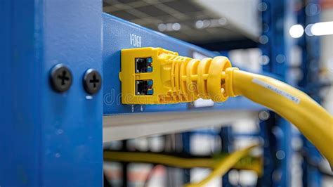 Yellow Network Cables Connected To An Industrial Switch In The Data Center Symbolizing