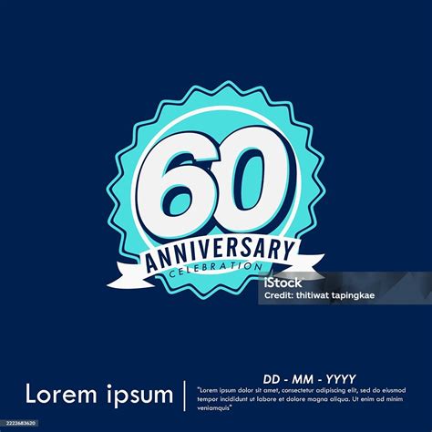 창립 60주년 기념 엠블럼 축하 기념일 블루 메달 로고는 파란색 배경에 리본으로 격리되어 있습니다 웹 배너를 위한 벡터 일러스트레이션 템플릿 디자인 60에 대한 스톡 벡터