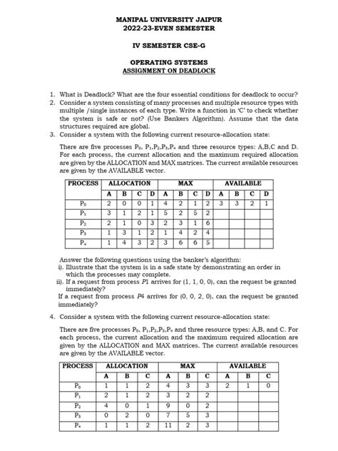 Os Assignment 3 Deadlock Cse G Pdf Matrix Mathematics Algorithms And Data Structures
