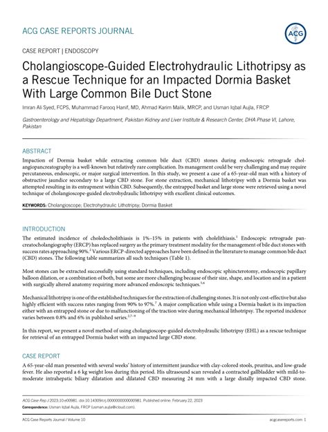 PDF Cholangioscope Guided Electrohydraulic Lithotripsy As A Rescue Technique For An Impacted