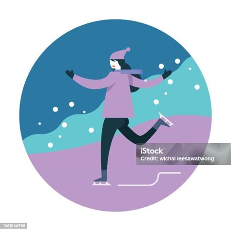 여 자가 얼음 겨울 동안 스케이트 겨울 활동입니다 플랫 아이콘 디자인입니다 벡터 일러스트 레이 션 건강한 생활방식에 대한 스톡 벡터 아트 및 기타 이미지 Istock