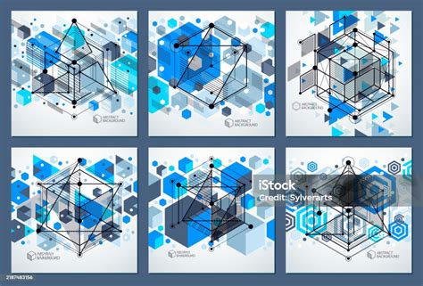 현대 추상 입방 격자 선 파란색 배경 세트의 벡터 큐브 육각형 사각형 직사각형 및 다양한 추상 요소의 레이아웃 추상 기술 3d 배경 3차원 형태에 대한 스톡 벡터 아트 및