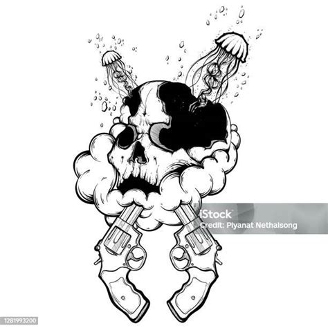 권총 총 쾅 두개골과 젤리 물고기 그림 벡터입니다 문신 예술 디자인 빈티지 디자인 T 셔츠 로고 및 서명 템플릿 권총에 대한 스톡 벡터 아트 및 기타 이미지 Istock