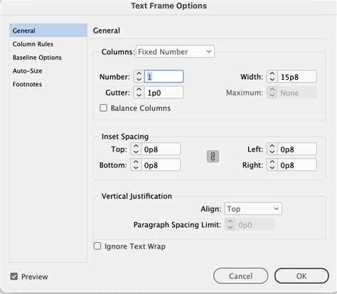 Inset Spacing Default Setting For Text Frame Indesign Cc Graphic