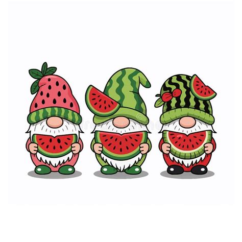 Three Whimsical Gnomes Are Dressed In Watermelon Themed Outfits Each