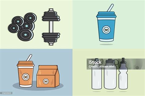 체육관 휘트니스 요소 벡터 일러스트 레이 션의 세트입니다 체육관 운동 아이콘 개념입니다 운동 아령 병 일회용 컵 벡터 디자인 개체 그룹에 대한 스톡 벡터 아트 및 기타