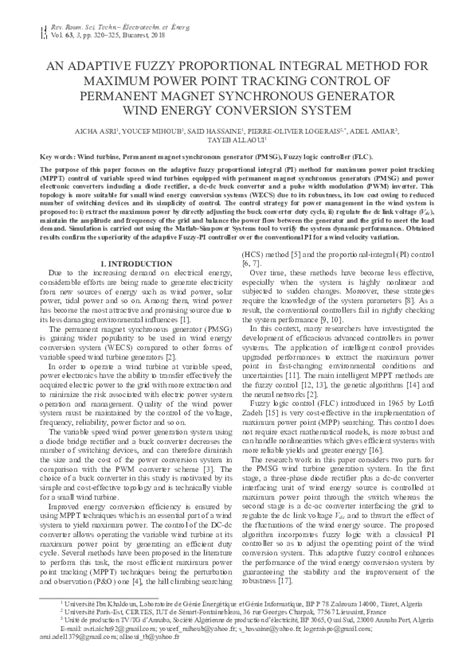 Pdf An Adaptive Fuzzy Proportional Integral Method For Maximum Power Point Tracking Control Of