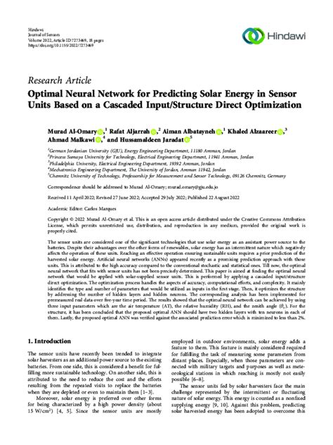 Pdf Optimal Neural Network For Predicting Solar Energy In Sensor Units Based On A Cascaded