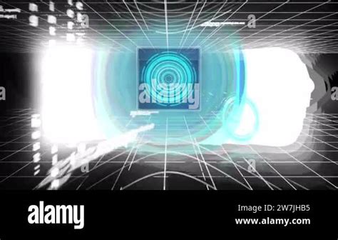 Neon Digital Clock Ticking Over Against Round Scanner And Data Processing On Black Background