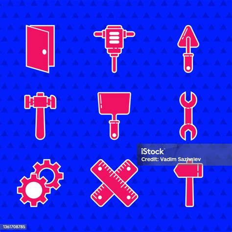 퍼티 나이프 교차 된 통치자 해머 렌치 스패너 기어 트로렐 및 폐쇄 문 아이콘을 설정합니다 벡터 갈고리 발톱에 대한 스톡 벡터