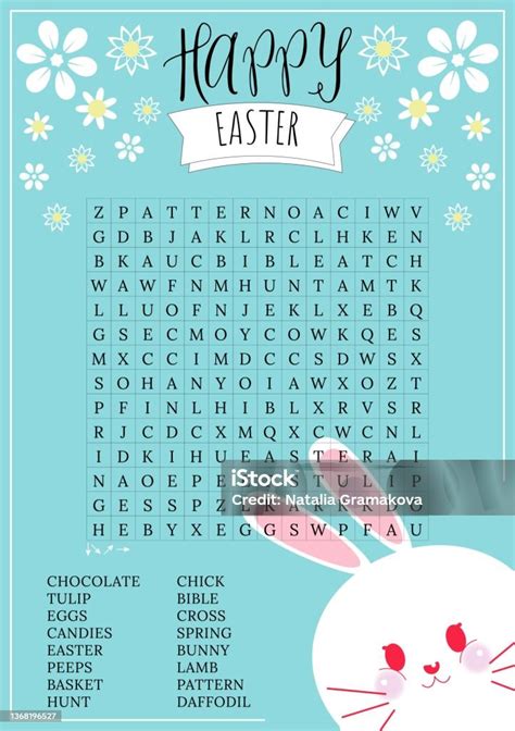 해피 부활절 귀여운 가와이이 토끼와 봄 단어 검색 퍼즐 교육 휴일 크로스 워드 퍼즐 퀴즈 게임 영어 단어를 배우기위한 축제