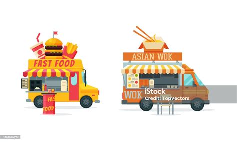 길거리 스낵 레스토랑 벡터 세트로 아시아 웍과 버거를 판매하는 바퀴 달린 푸드 트럭 거리에 대한 스톡 벡터 아트 및 기타 이미지 거리 계절 교통수단 Istock