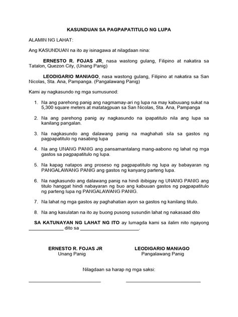 Kasunduan Sa Pagpapatitulo Ng Lupa Pdf