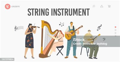 음악 방문 페이지 템플릿을 재생 문자입니다 무대에서 공연하는 현악기를 연주하는 뮤지션 Classical Concert에 대한 스톡 벡터 아트 및 기타 이미지