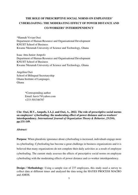 Pdf The Role Of Prescriptive Social Norms On Employees Cyberloafing