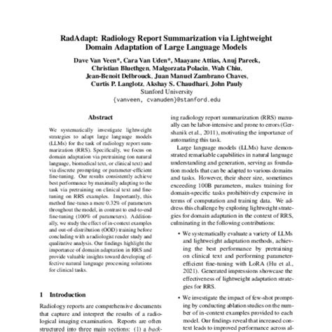Radadapt Radiology Report Summarization Via Lightweight Domain Adaptation Of Large Language