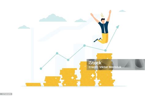 수익성 있는 투자 플랫 벡터 일러스트자금 지원 주식 시장 소득 동전 스택에 서 성공적인 사업가 백만장자 은행가 금융 만화 캐릭터