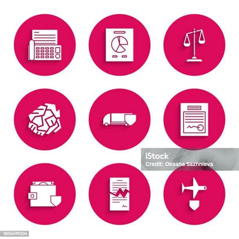 방패 찢어진 계약 비행기 채워진 양식 지갑과 돈 구겨진 종이 공 정의의 저울 및 팩스 기계 아이콘과 배달화물 트럭을 설정합니다 벡터 가득 찬에 대한 스톡 벡터 아트 및 기타