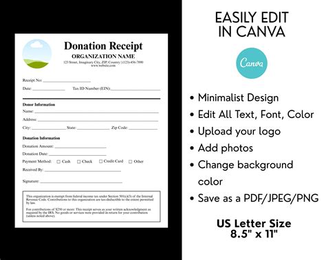 501c3 Donation Receipt Editable Template For Nonprofit Donations