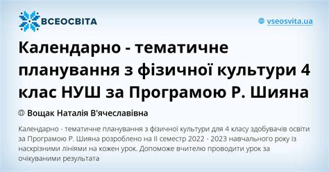 Календарно тематичне планування з фізичної культури 4 клас НУШ за Програмою Р Шияна КТП