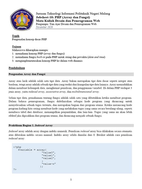 Php Array Dan Fungsi Jobsheet Pdf