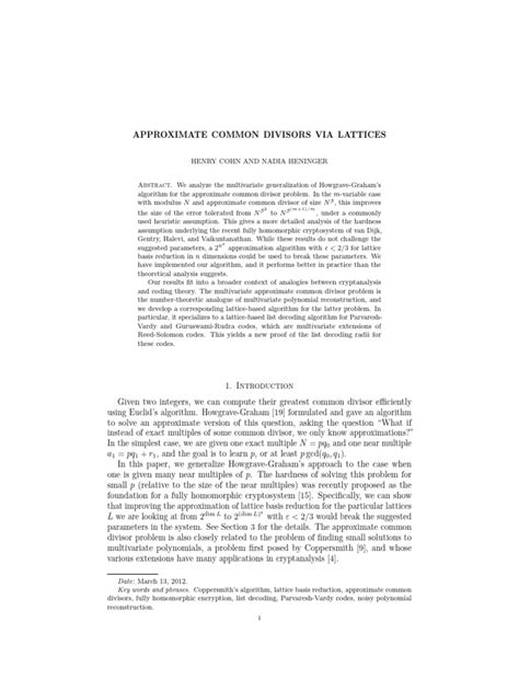 Approximate Common Divisor Problem Download Free Pdf Basis Linear Algebra Determinant