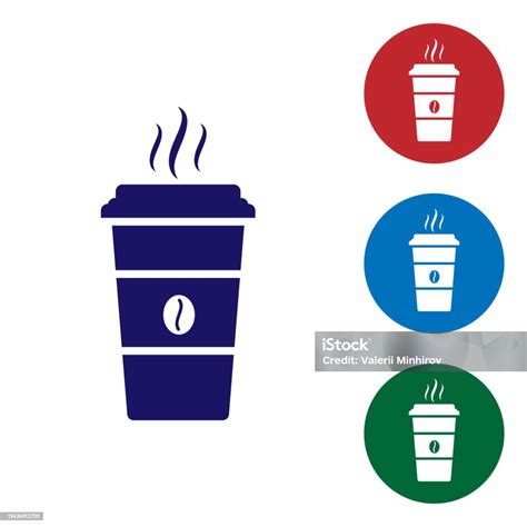 블루 커피 컵 아이콘 흰색 배경에 고립입니다 뜨거운 커피와 일회용 커피 컵 원 버튼의 색상 아이콘을 설정 합니다 벡터 일러스트 0명에 대한 스톡 벡터 아트 및 기타 이미지