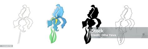 스타일 한 줄의 홍채 세트 파란색 윤곽선 및 검은 실루엣으로 낙서 장미 새싹 흰색 배경에 고립 된 스톡 벡터 일러스트레이션 개체 그룹에 대한 스톡 벡터 아트 및 기타 이미지