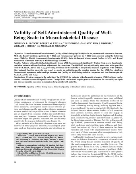Pdf Validity Of Self Administered Quality Of Well Being Scale In Musculoskeletal Disease
