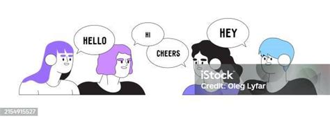 다국어 인사말 평면 벡터 일러스트 레이 션 개념입니다 친근한 만화 남녀가 다른 언어로 인사합니다 다양한 문화의 원어민이 국제 커뮤니케이션을 합니다 개념에 대한 스톡 벡터