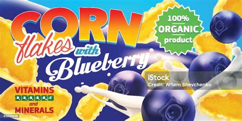 신선한 블루베리 광고 일러스트 큰 우유 스플래시와 현실적인 콘 플레이크 광고 전단지 포스터 또는 라벨 디자인을 위한 고품질 예술