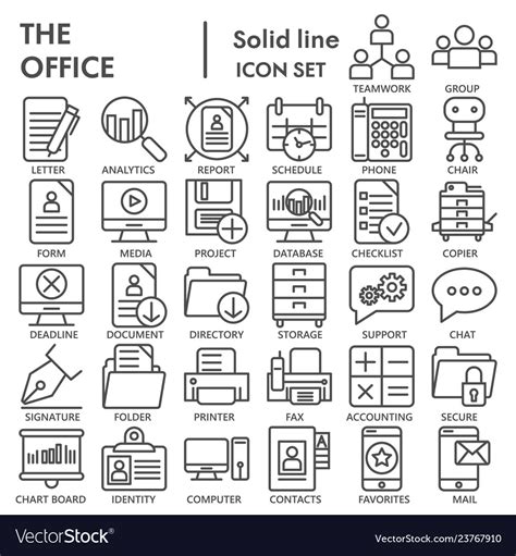Office Line Signed Icon Set Workspace Symbols Vector Image