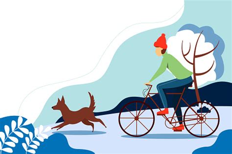 개와 함께 공원에서 자전거를 타는 남자 평면 스타일의 겨울 풍경 12월에 대한 스톡 벡터 아트 및 기타 이미지 12월 1월 건강한 생활방식 Istock