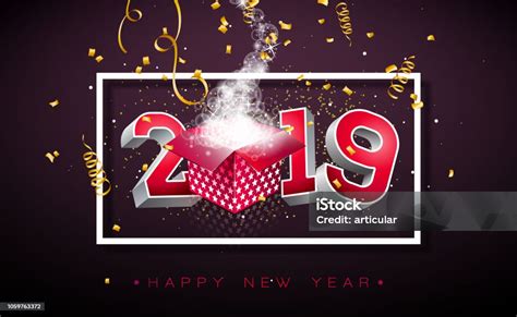 3d 타이포 그래피 레터링 선물 상자 검은 배경에 떨어지는 색종이와 2019 해피 뉴가 어 그림 전단 인사말 카드 축 하 파티