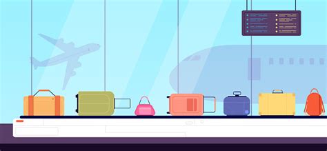 벨트에 수하물 플랫 컬러 가방 공항 컨베이어 및 휴가 수하물 도착 터미널 벡터 일러스트레이션에 카툰 가방 체크인 가방에 대한 스톡 벡터 아트 및 기타 이미지 Istock