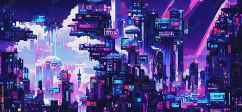 fantasy retro futuristic city at night with bright neon lights pixel
