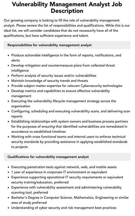 Vulnerability Management Analyst Job Description Velvet Jobs
