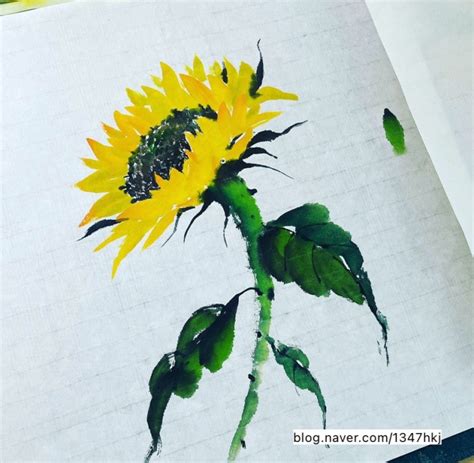 수묵일러스트 재물운이 좋아지는 해바라기 그리기 수묵화 동양화 꽃그림 네이버 블로그