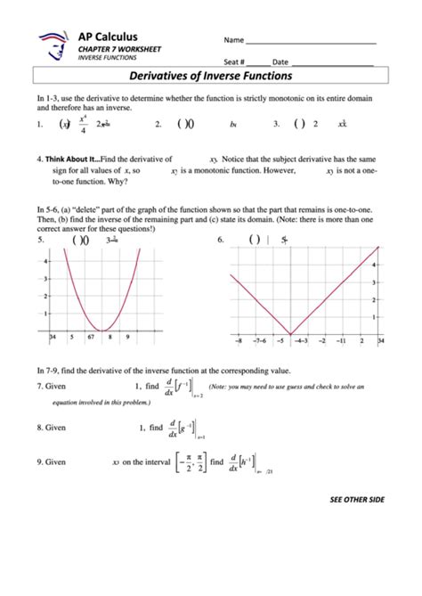 Ap Calculus Derivatives Of Inverse Functions Worksheet Printable Pdf
