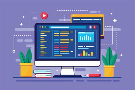 Illustration Of A Desktop Computer With Open Windows Displaying Data